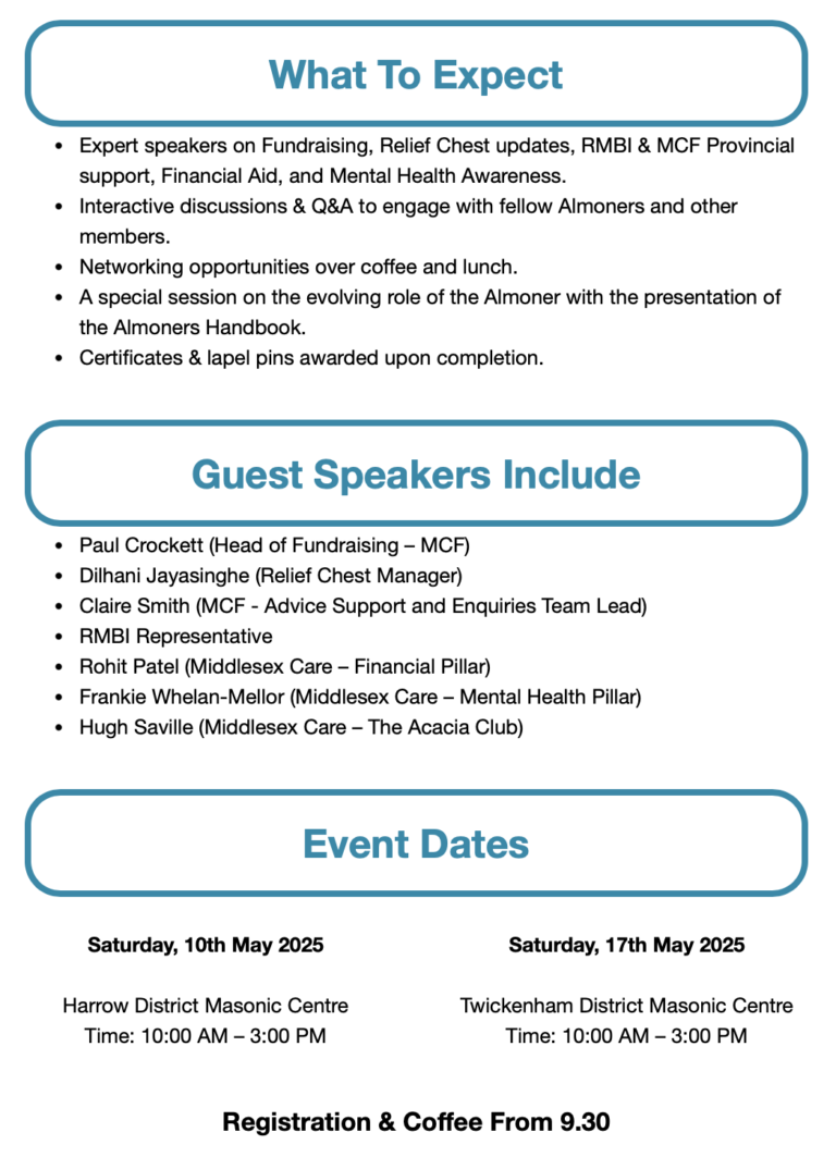Almoner Training - 10th May 2025 - Harrow - Middlesex Freemasonry